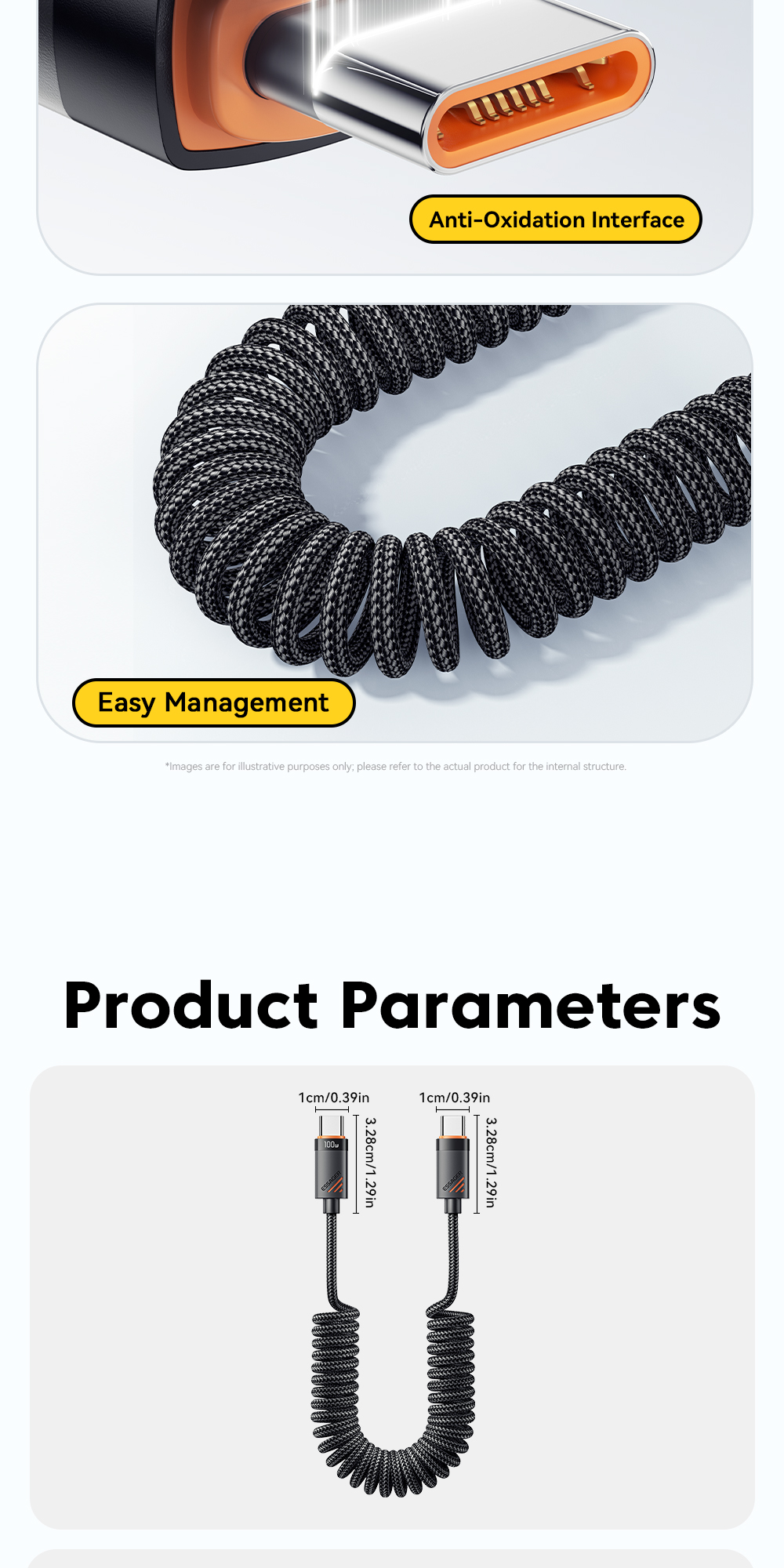 ESSAGER 60W/ 100W Type C Spring Charging Cable Type C to Type C Car ...