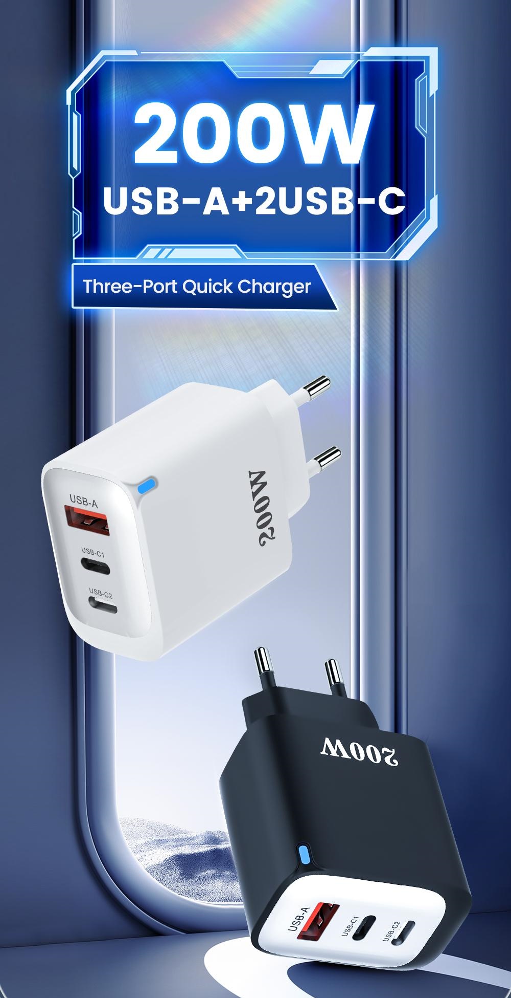 200W USB Type C Charger Quick Charge Portable Fast Charger 1U+2C Multi ...