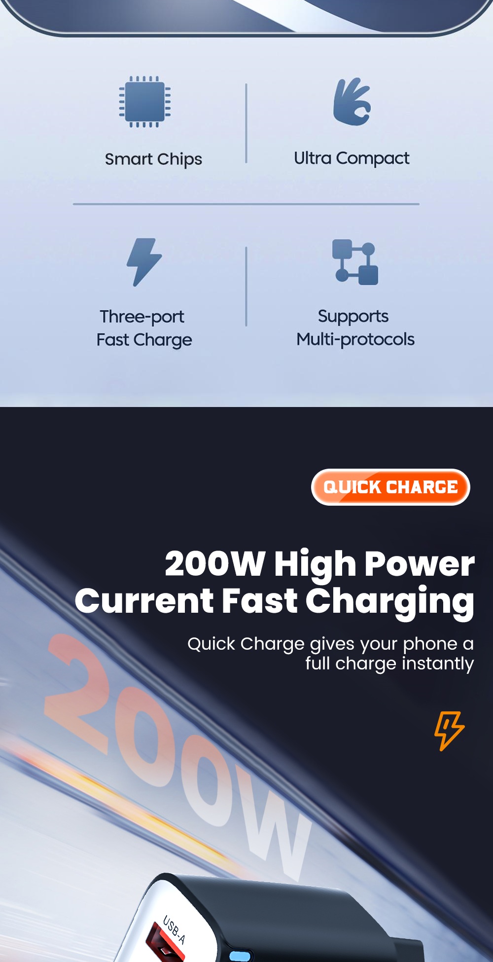 200W USB Type C Charger Quick Charge Portable Fast Charger 1U+2C Multi ...