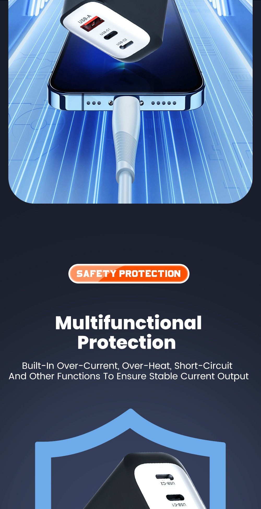 200W USB Type C Charger Quick Charge Portable Fast Charger 1U+2C Multi ...