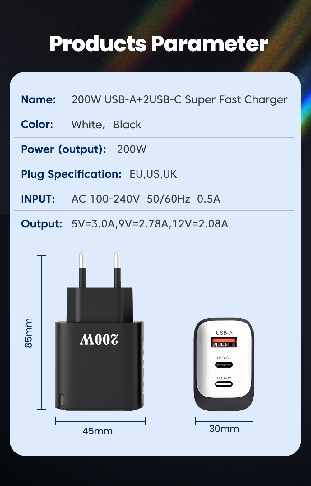 200W USB Type C Charger Quick Charge Portable Fast Charger 1U+2C Multi ...