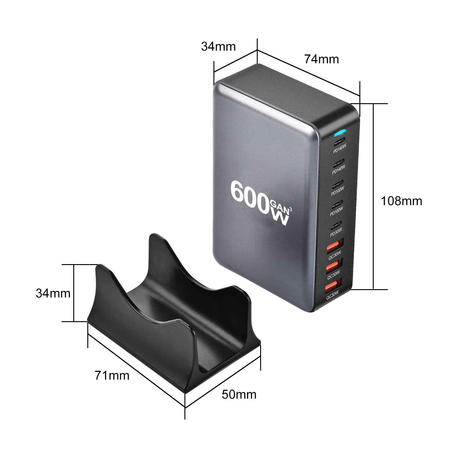 600W GaN Desktop Charger 8 Port USB 5C+3A Type C PD Charger Fast Charge ...