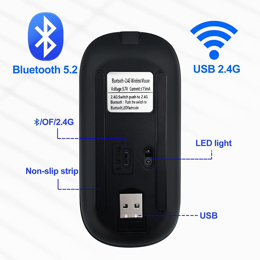 Dual Mode Wireless Mouse Bluetooth 5.0 2.4GHz Rechargeable Ultra Silent ...