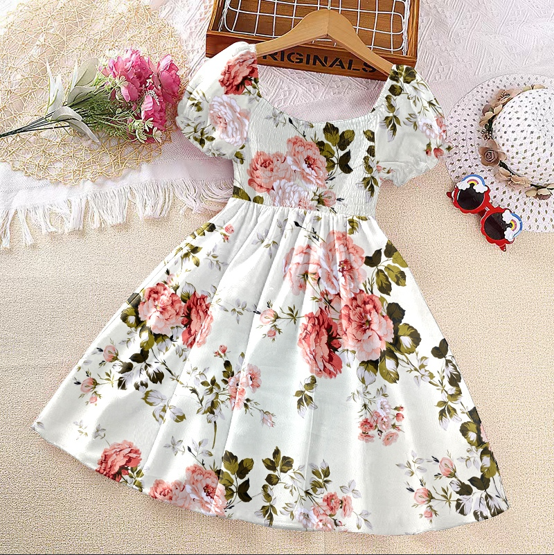 Girls Big Kids 6-12 Years Old Beige Flower Square Neck Short Sleeve ...