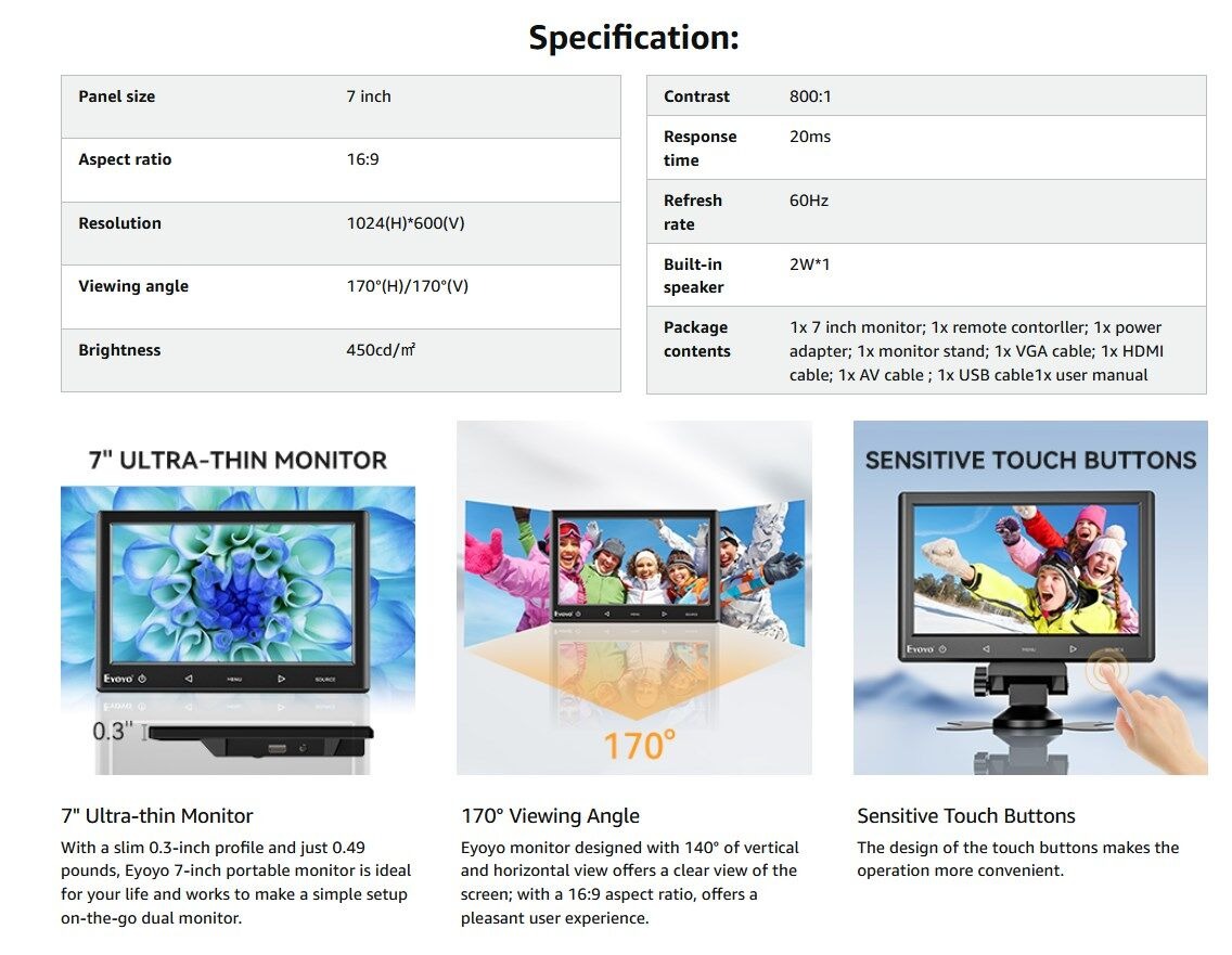Eyoyo 10 inch Monitor, 1024x600 Small HDMI Monitor, HDMI VGA AV Monitor ...