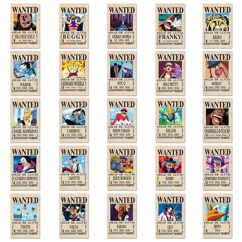 50pcs Anime One Piece Wanted Posters Stickers Luffy Zoro Cartoon Decals ...