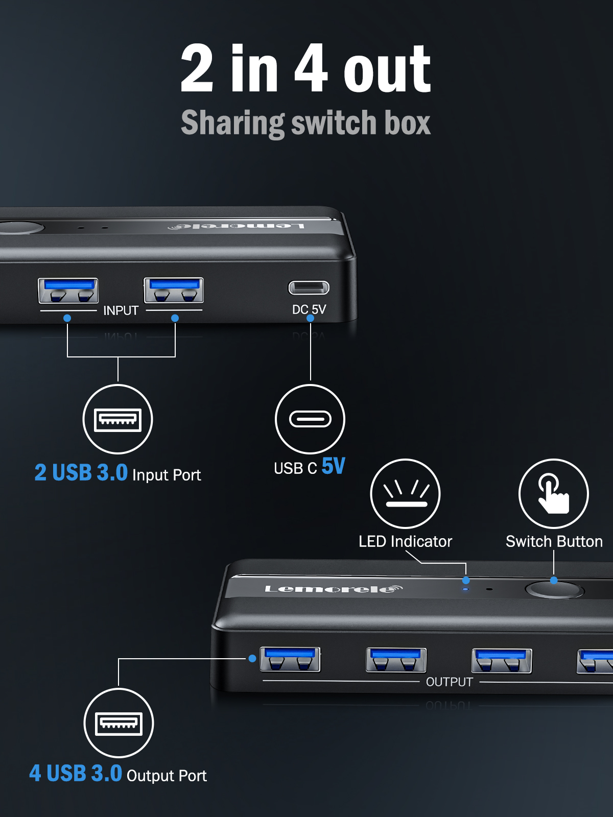 Lemorele Usb 3.0 Kvm Switch Usb C Switcher Selector Adapter Usb Hub For ...