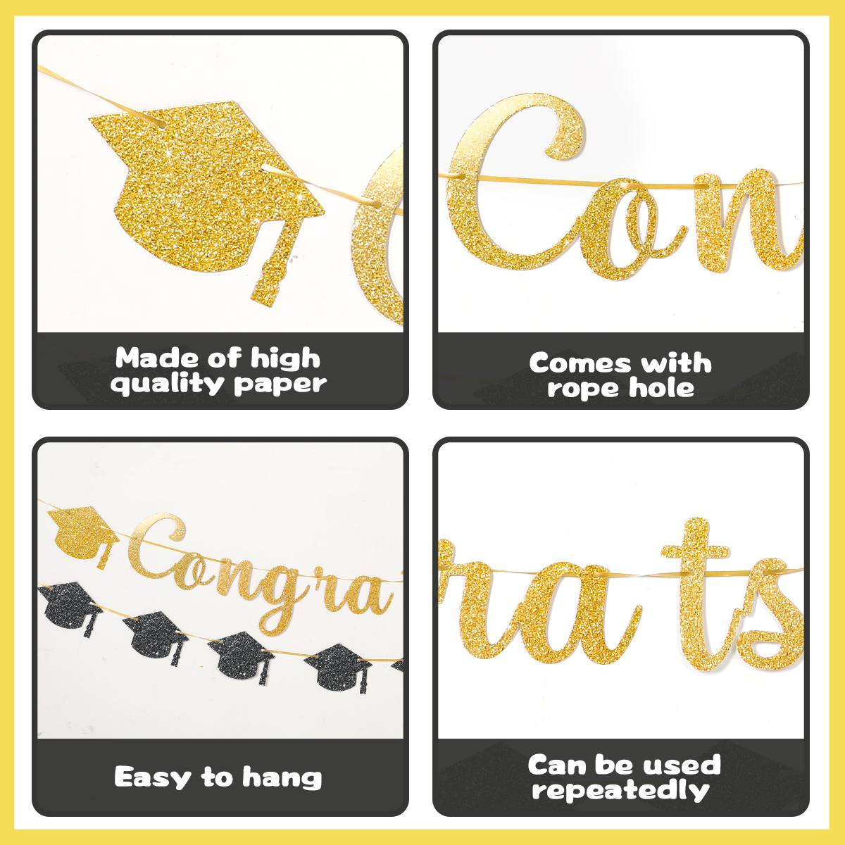 Black Gold Congrats Grad Garland For Graduation Glitter Congratulations ...