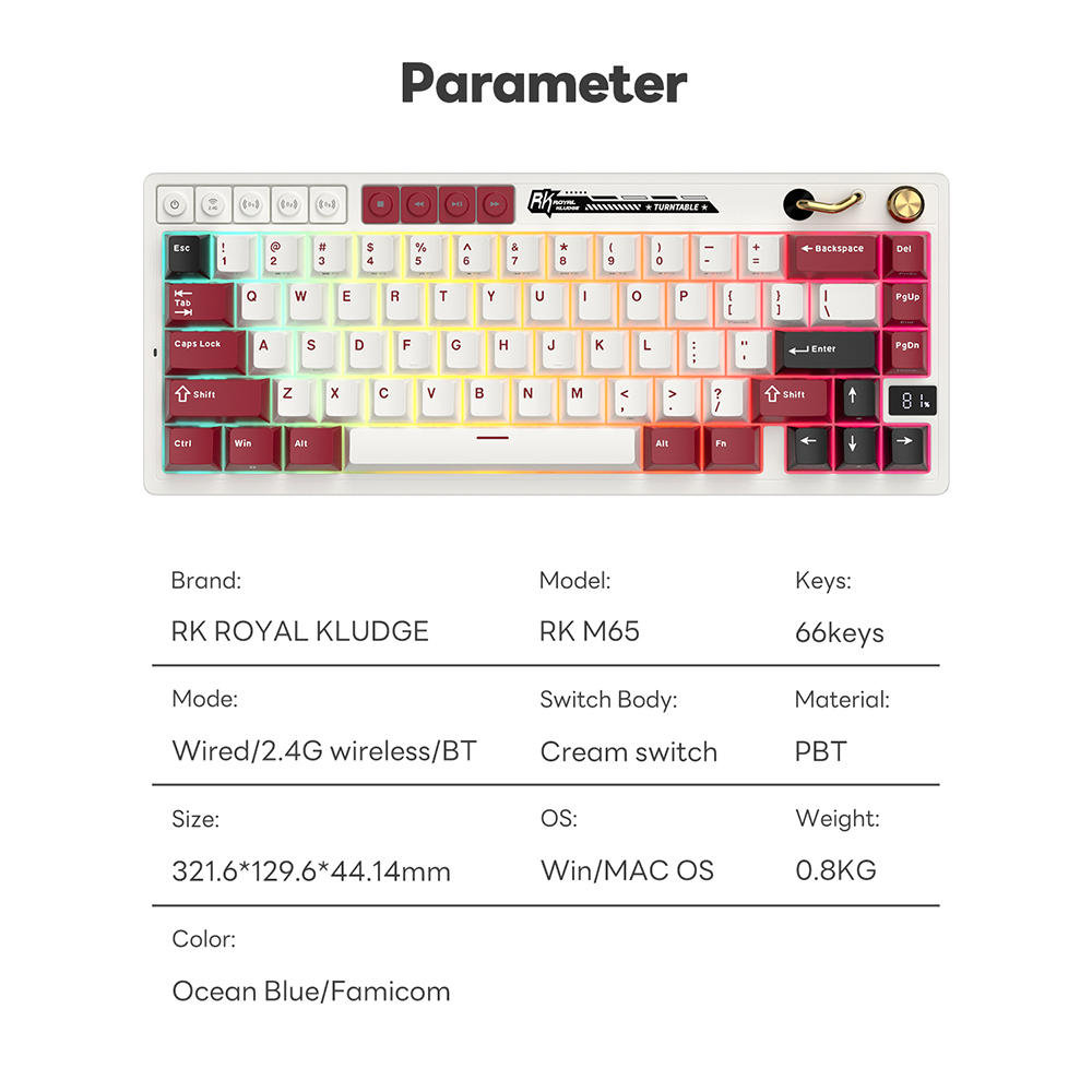 Royal Kludge RK M65 Famicom 66 Key Tri-Mode RGB Wired Bluetooth 2.4G ...