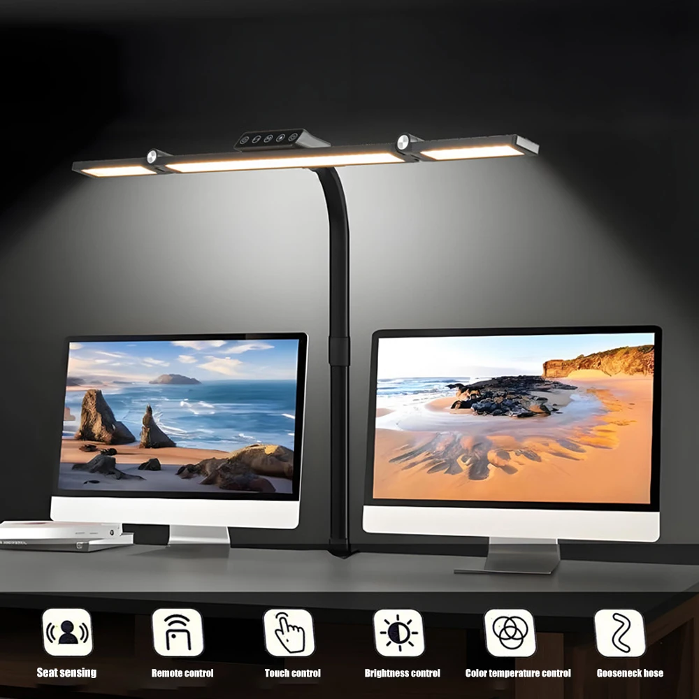 24W Ultra Bright LED Desk Lamp with Clamp 3 Head Automatic Dimming ...