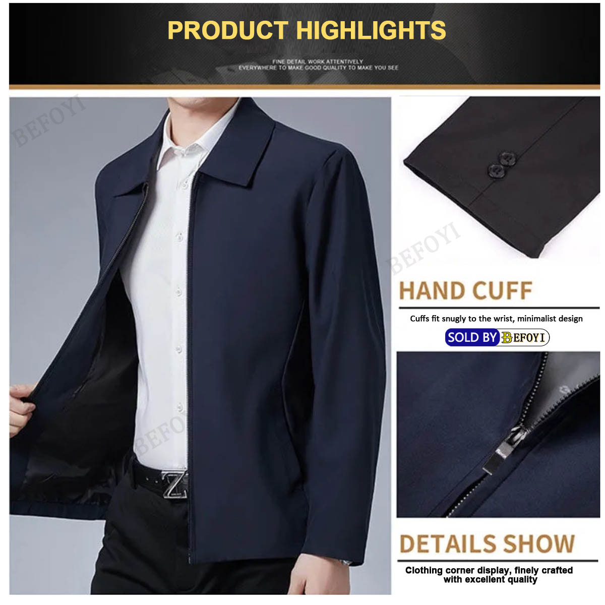 Men's Business Jacket Zipper With Collar Coat Casual Long Sleeved Retro ...
