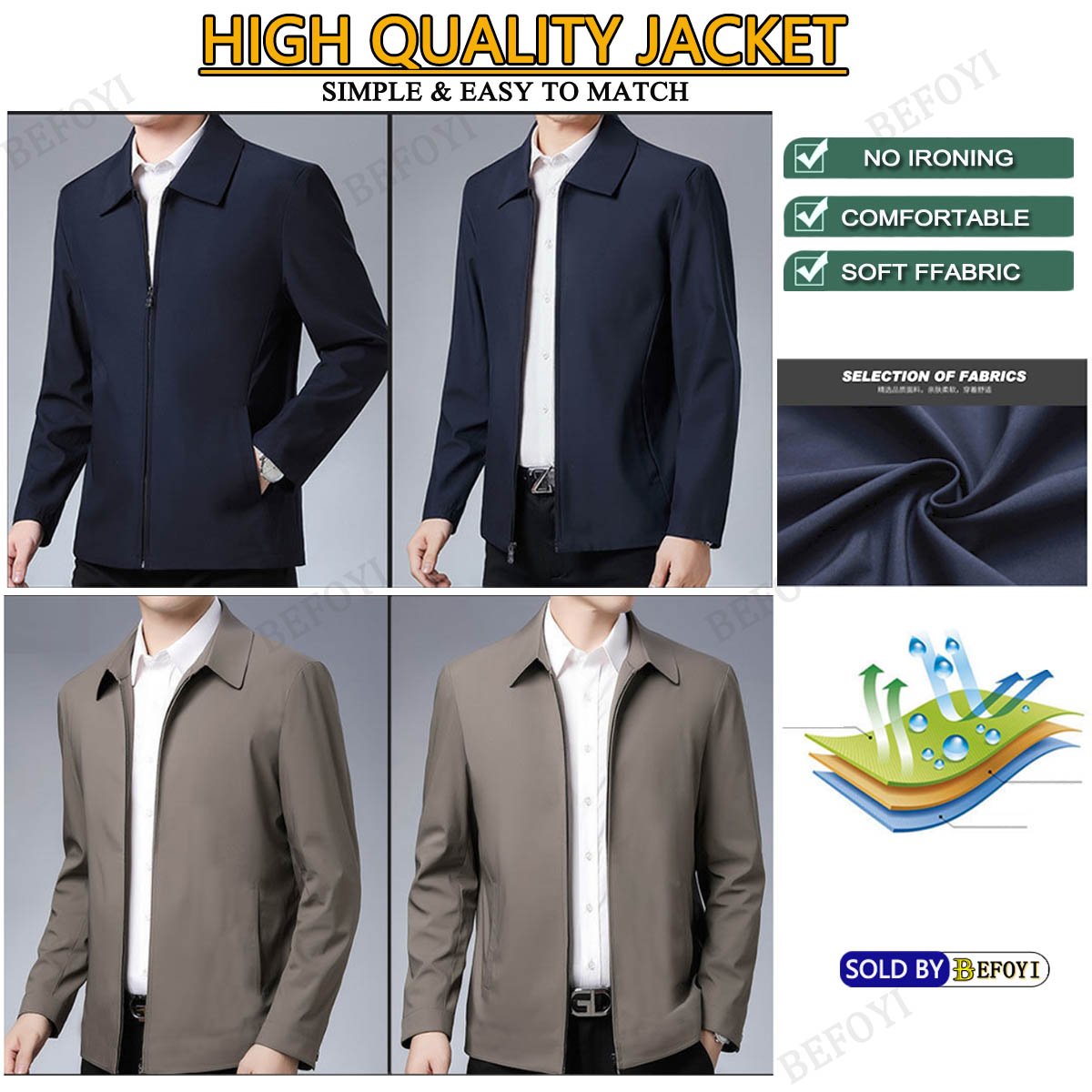 Men's Business Jacket Zipper With Collar Coat Casual Long Sleeved Retro ...