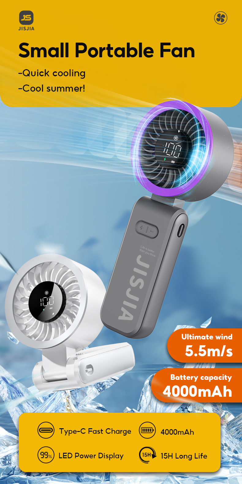 JISJIA Handheld Fan Folding Fan portable rechargeable electric fan 3000 ...