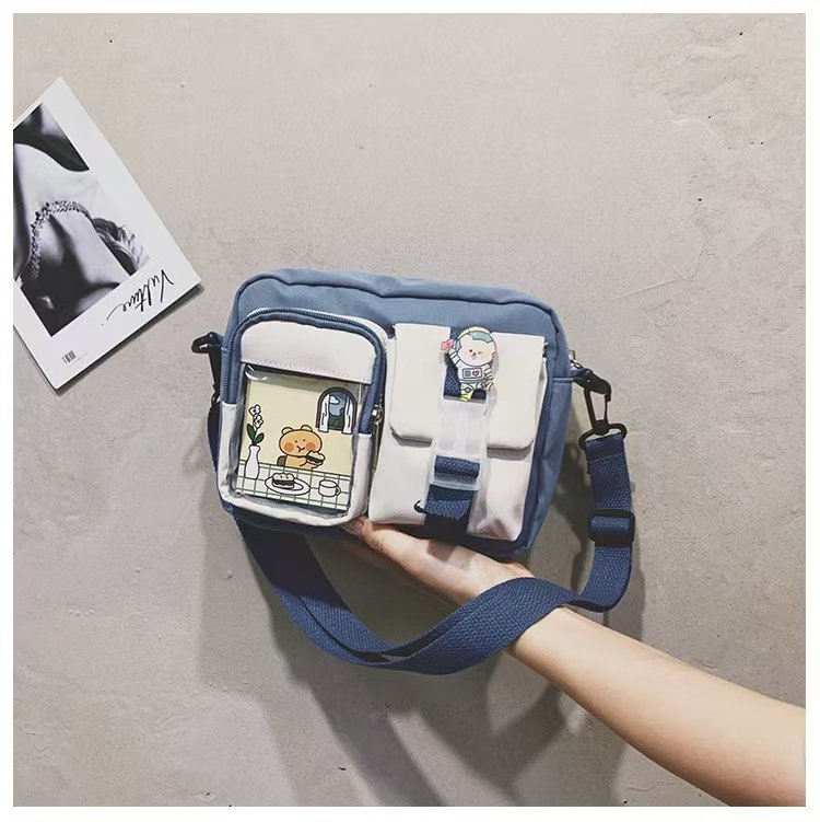 Japanese style cute canvas bag with multiple pockets and transparent ...