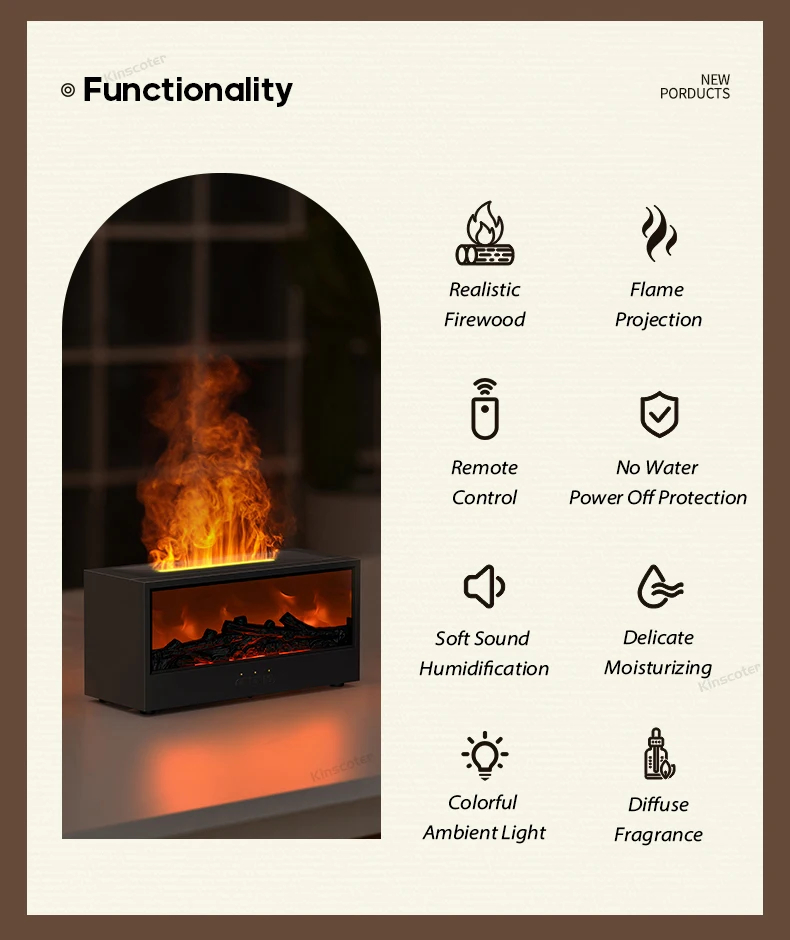 7 Color Flame Fireplace Humidifier with Remote Control for Home Silent ...