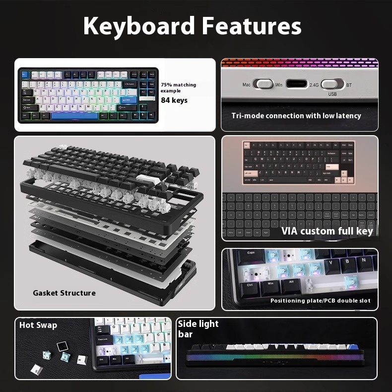 EPOMAKER TH85 Wireless Mechanical Keyboard 75% Hot swappable RGB GASKET ...