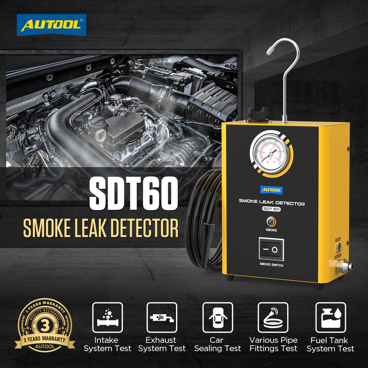 AUTOOL SDT60 Car Smoke Leak Detector Built-In Air Pump Smoke Machine ...