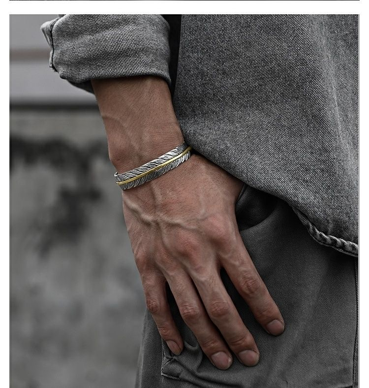 Sterling silver Tang grass bracelet men's feather with vintage silver ...