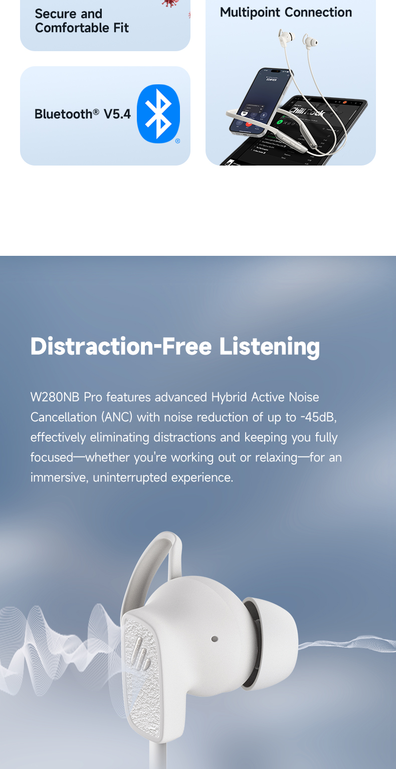 EDIFIER W280NB Pro Neckband Earbuds -45dB Hybrid Active Noise ...