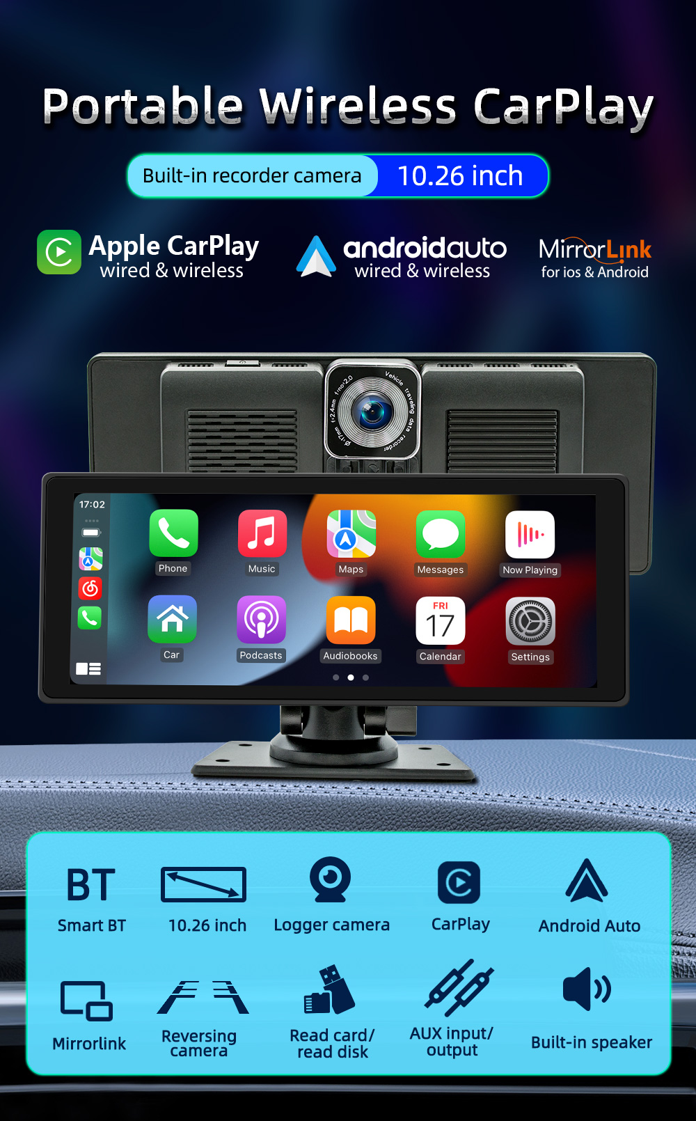 10.26" IPS Screen USB DVR BT Mirrorlink Car Multimedia Player Wireless ...