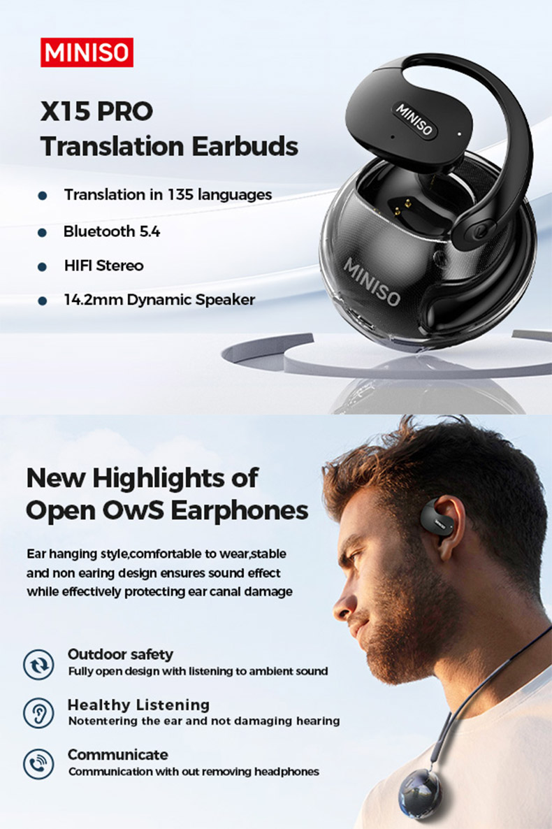 MINISO X15 Pro AI Smart Real-Time Translation Wireless Earphones Bluetooth 5.4 With Business ...