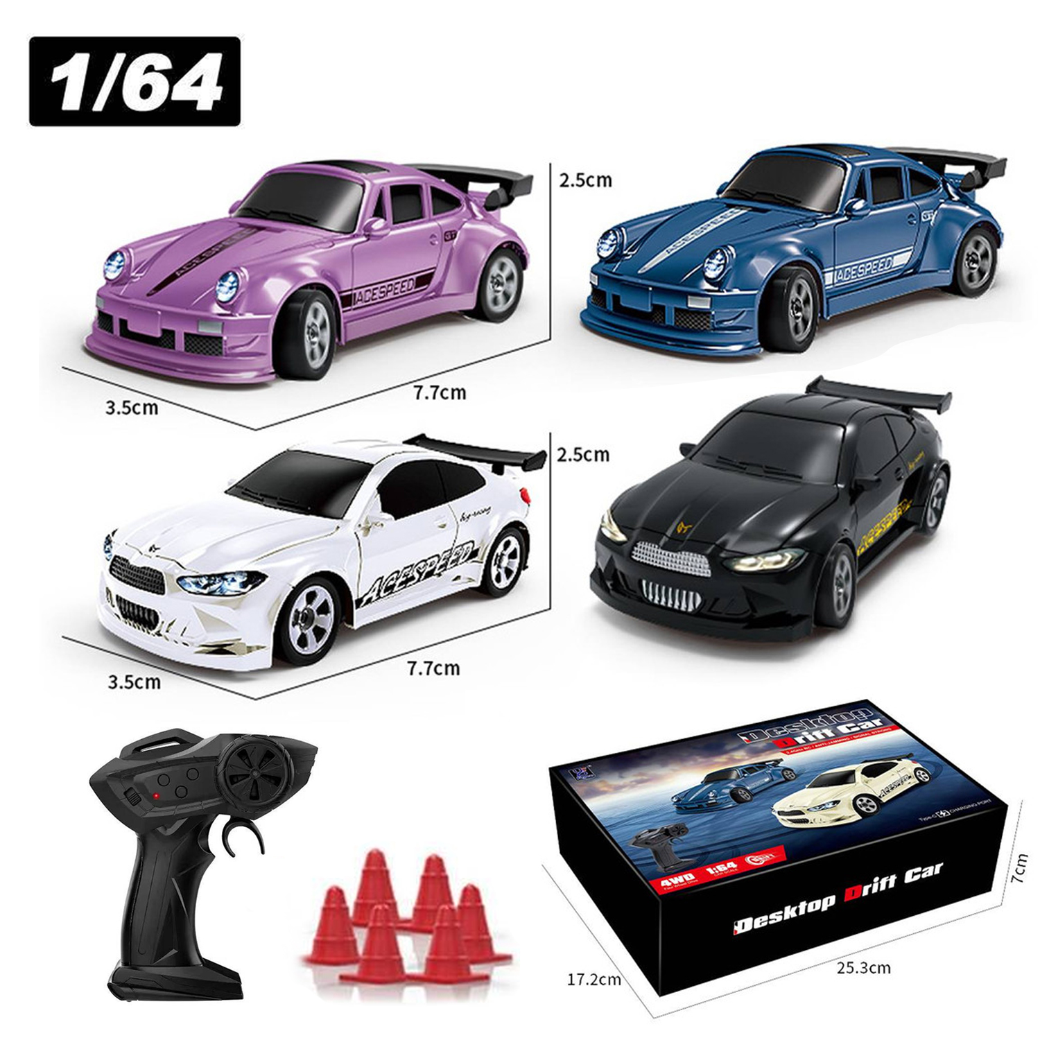 1:64 MINI Desktop RC Car 4WD Proportional Throttle Steering Remote ...