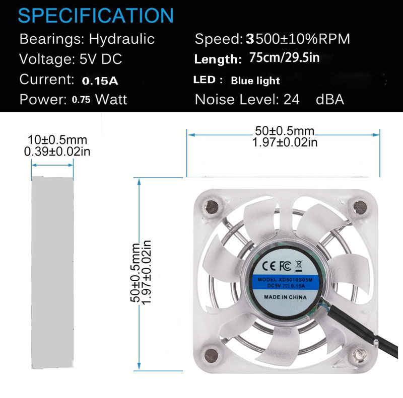 Quiet White 50mm USB Fan, 5V Mini Brushless DC Cooling Fan with Blue ...