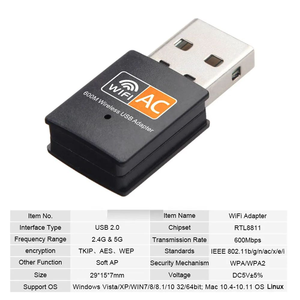 600Mbps Wireless USB Adapter with Bluetooth for 2.4GHz and 5GHz Wi-Fi ...