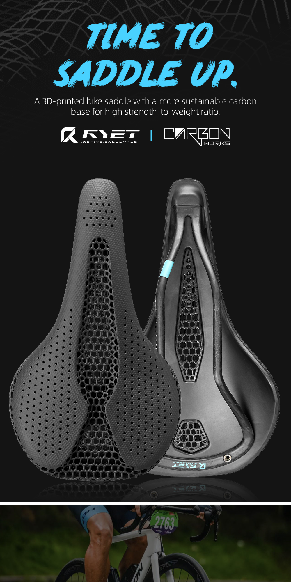 RYET Full Carbon 3D Printed Bike Saddle 245mm*143MM 162g 7*9mm Carbon ...