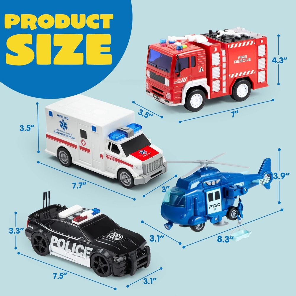 4 Packs Emergency Vehicle Toy Set | Friction-Powered Cars with Light ...