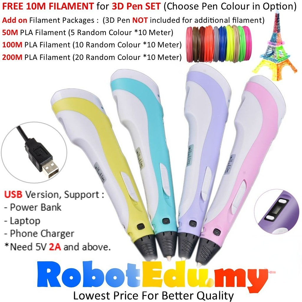 Printing Set 3D Pen Pla Rods DIY Free 10M Filament Arts Craft Drawing ...