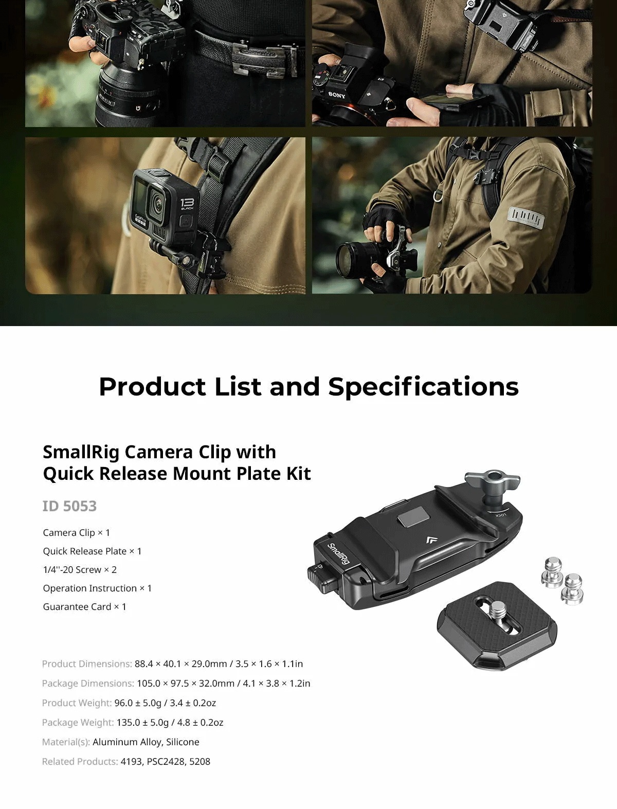 SMALLRIG Camera Clip with Quick Release Mount Plate Kit for Sony etc ...