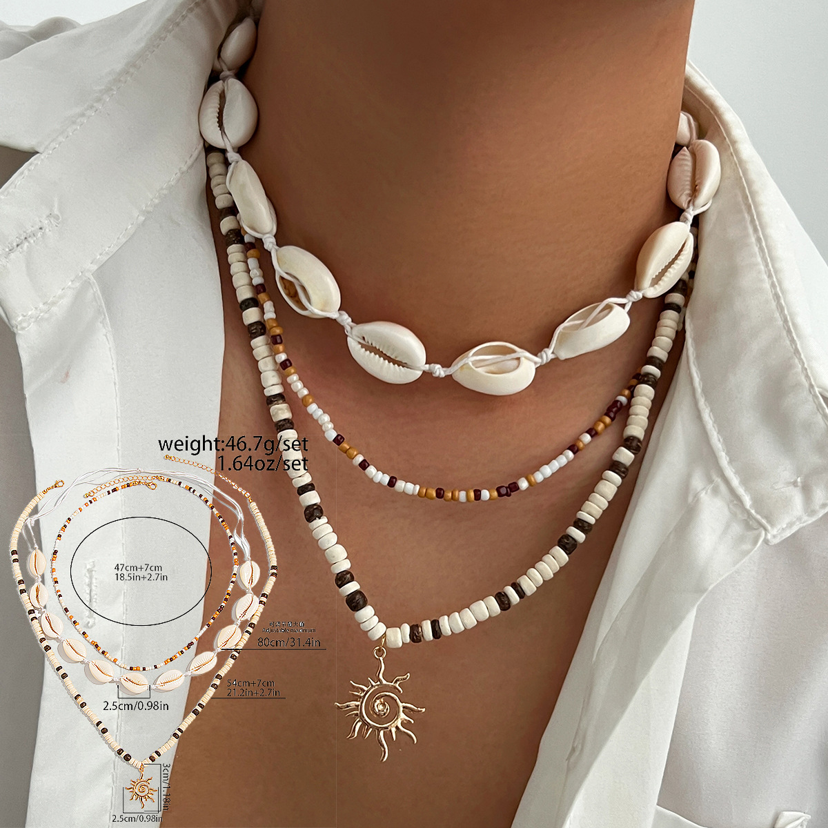 Men's Coconut Shell Rice Bead Layered Necklace with Sun Pendant Beach ...
