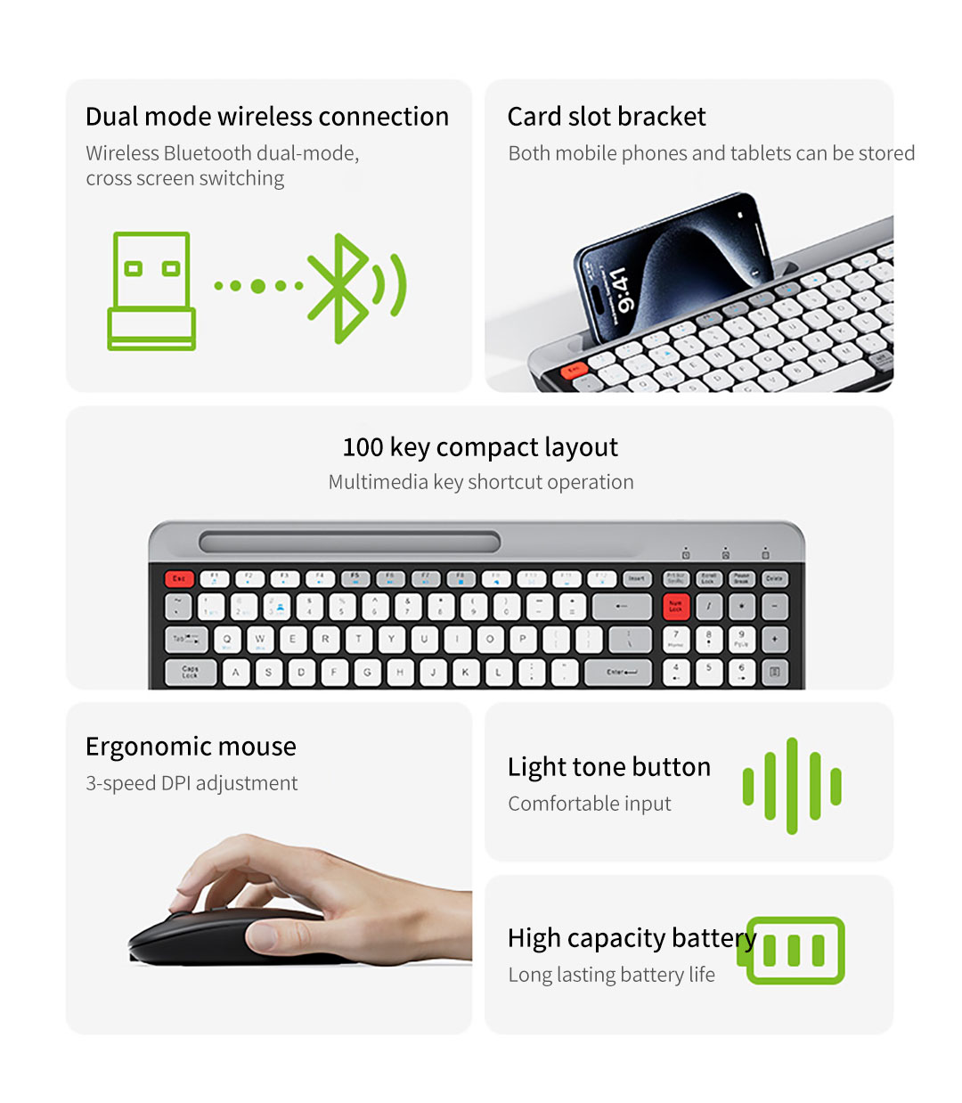 Acer OKR215 Dual-Mode Wireless Keyboard & Mouse Set With Holder 100-Key ...