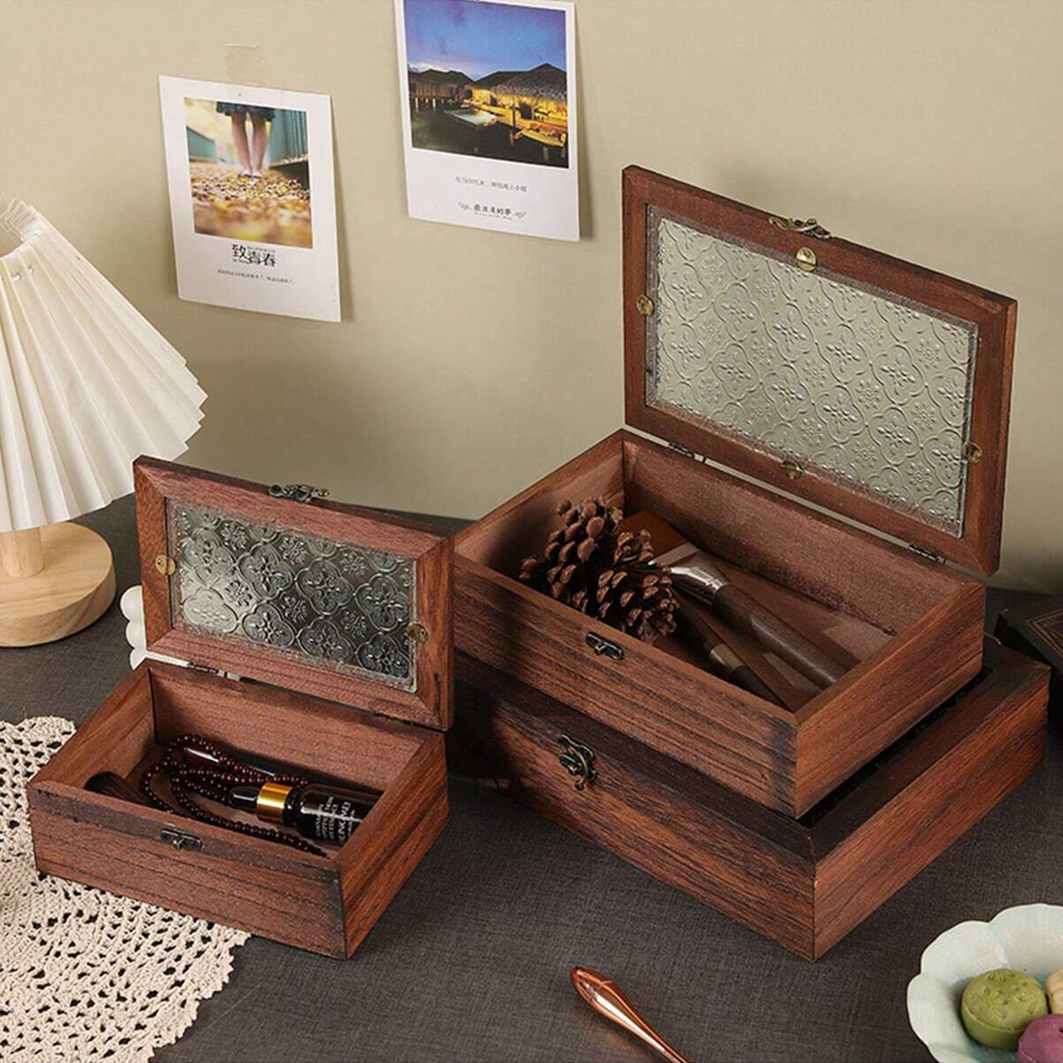 Wooden Storage Box with Glass Lid Keepsake Box Small Decorative Storage ...