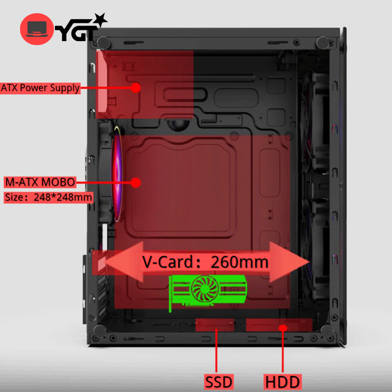 YGT Black PC Case With 2 Fan Tempered Glass Micro ATX Gaming Case ...