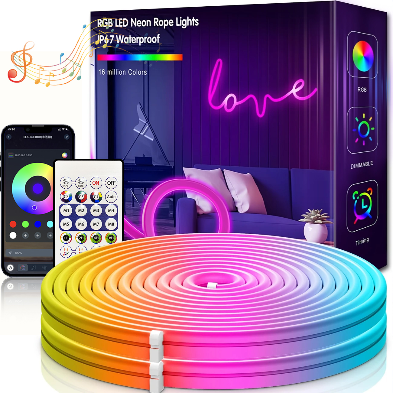 New 5m RGB Neon Light Flexible Silicone LED Strip with App Control ...