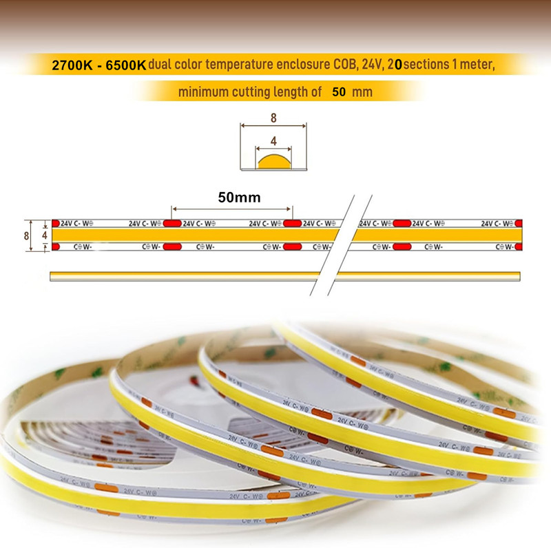 24V Tunable White CCT COB LED Strip Lights, 2m to 15m Length Dimmable ...