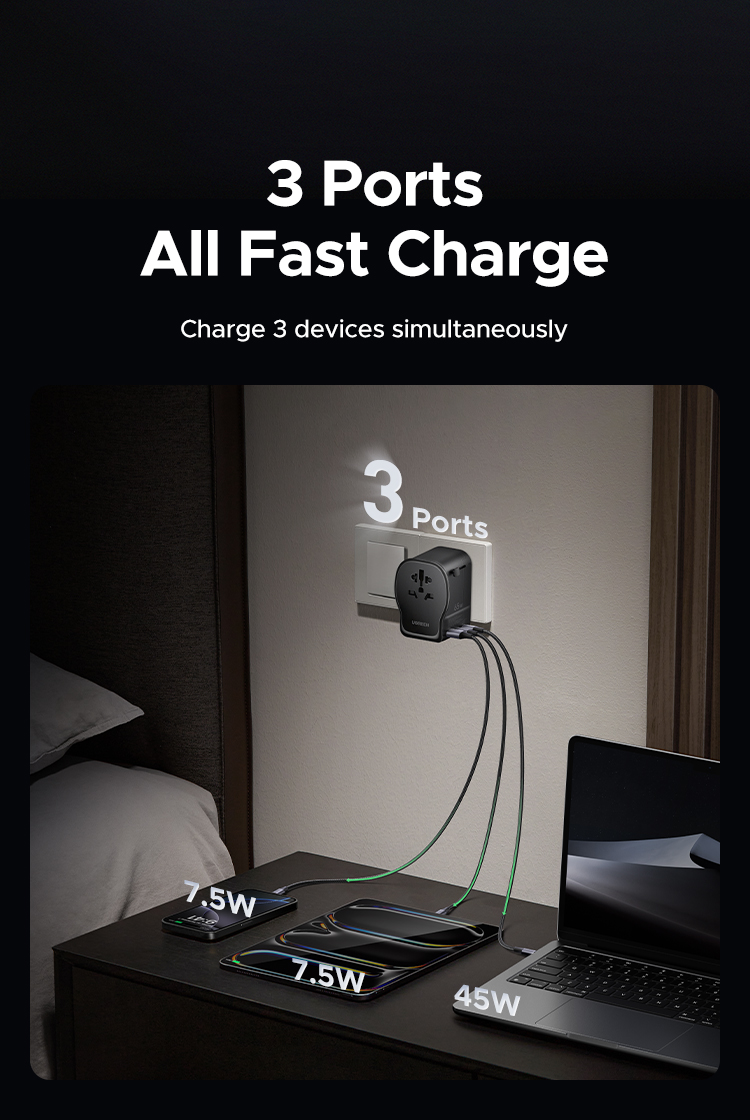 UGREEN Nexode 65W Universal Travel Adapter Switchable Plugs UK/US/DE/CN ...