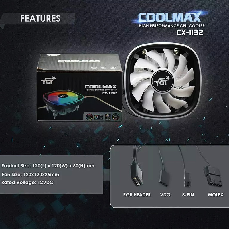 YGT COOLMAX 120mm CPU Cooler 3-PIN 1900Rpm 900W 12V Aura Sync RGB ...