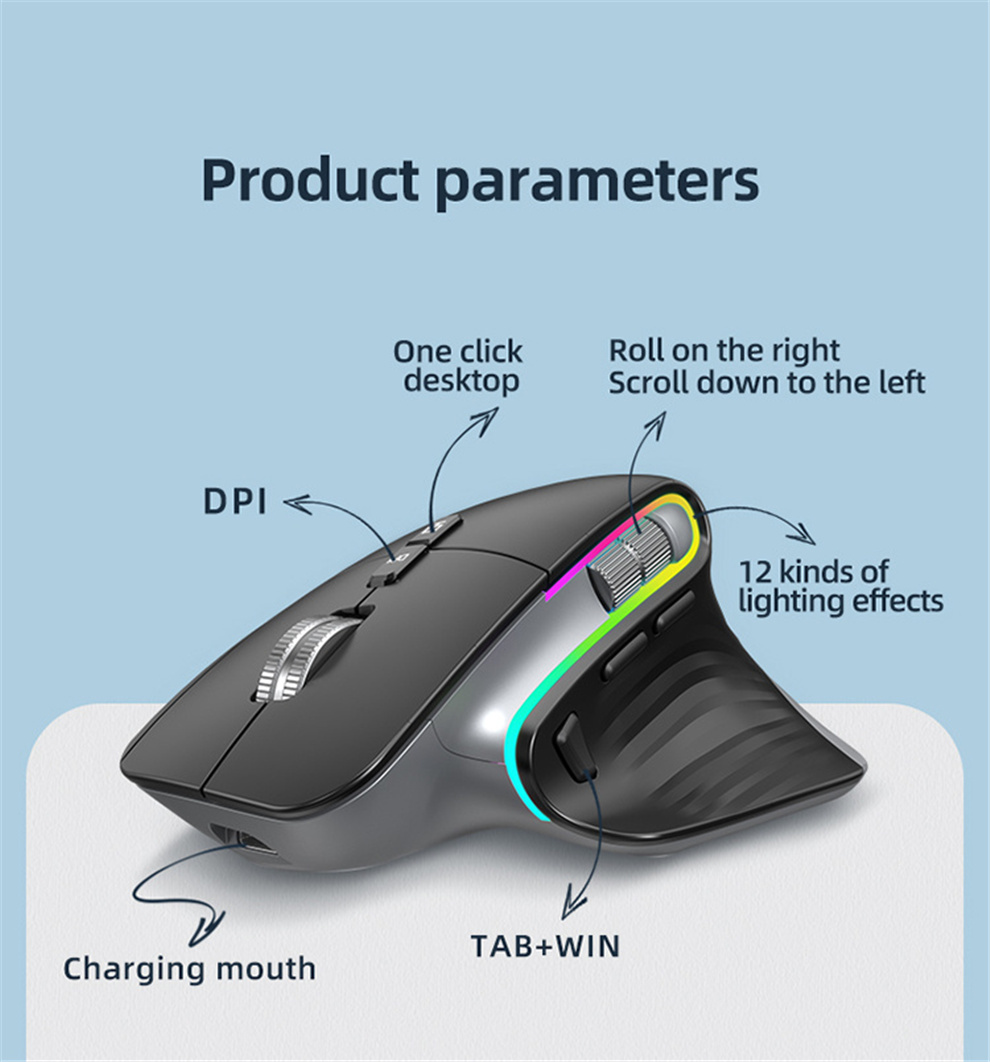 2.4G Wireless Mouse Bluetooth RGB Rechargeable Ergonomic Mice For ...