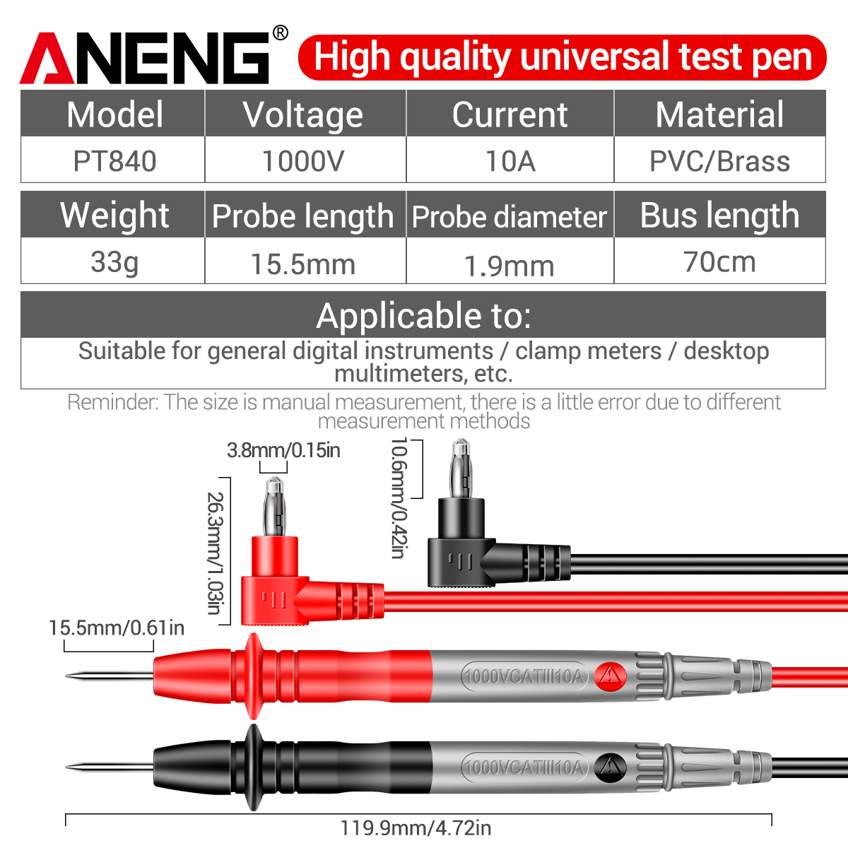 ANENG One Set PT840 Premium Test Lead Kit, 1000V 10A Multimeter Probes ...