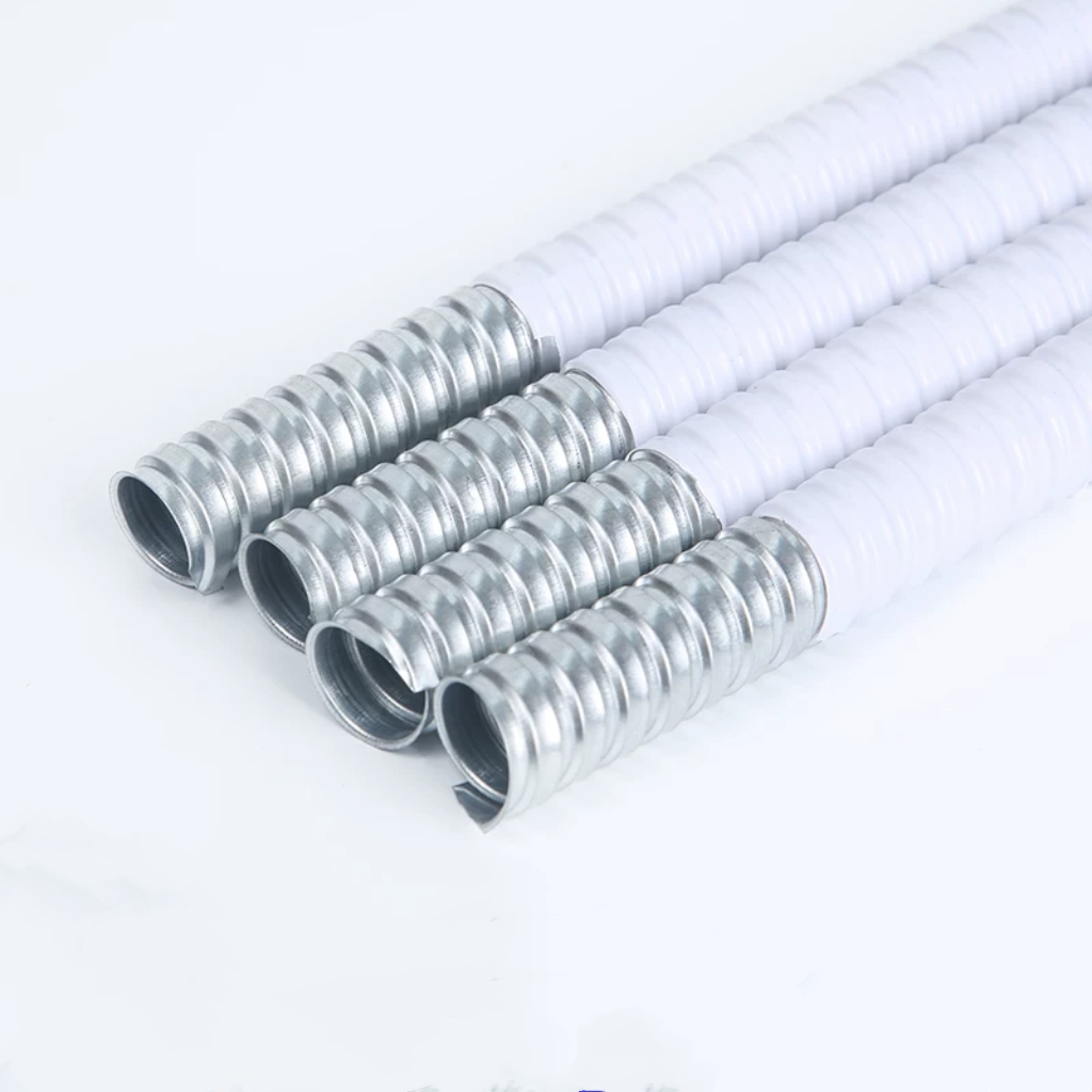 White plastic-coated metal flexible hose, wire and cable conduit ...