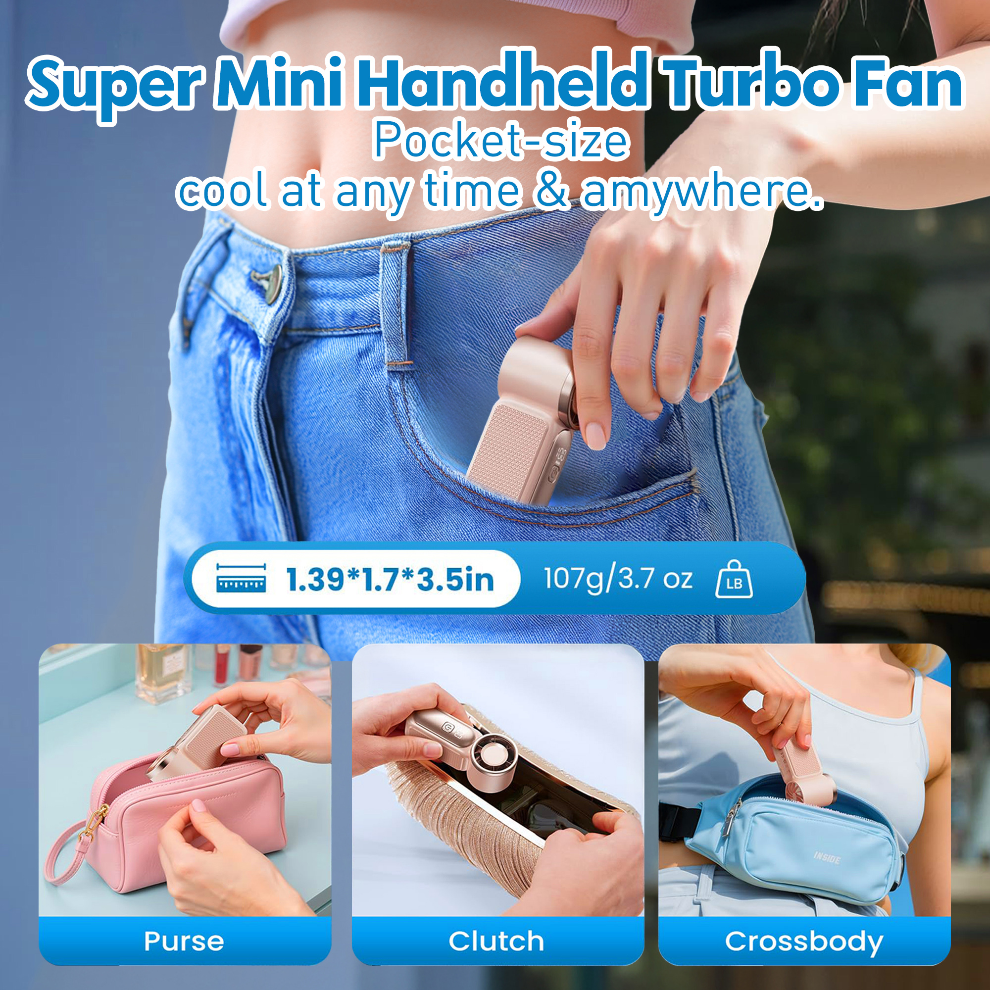 Smallest Fan (2X Battery Capacity) Portable Mini Handheld Turbo Fan 3.5 ...
