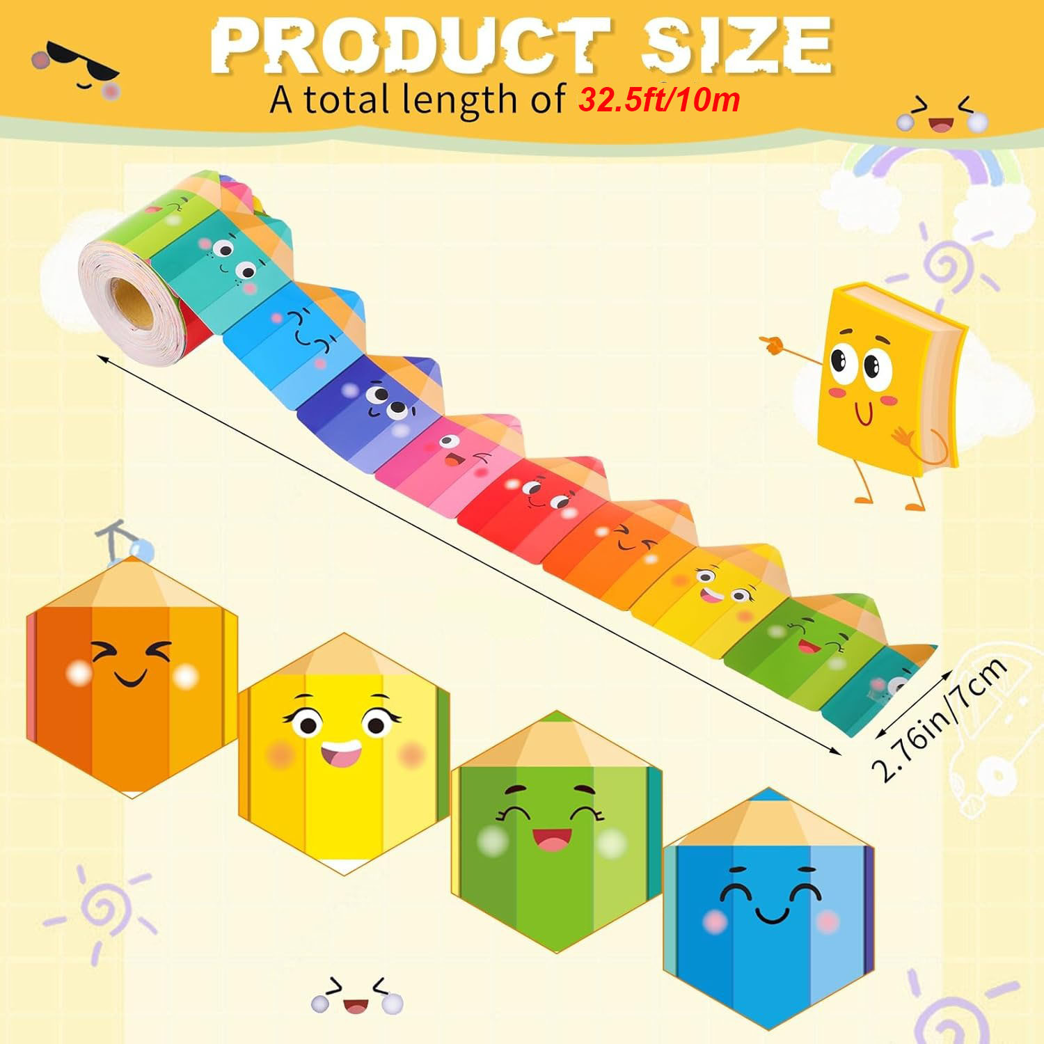 10M Colorful Pencil Bulletin Board Borders Cute Faces Pencils Border ...
