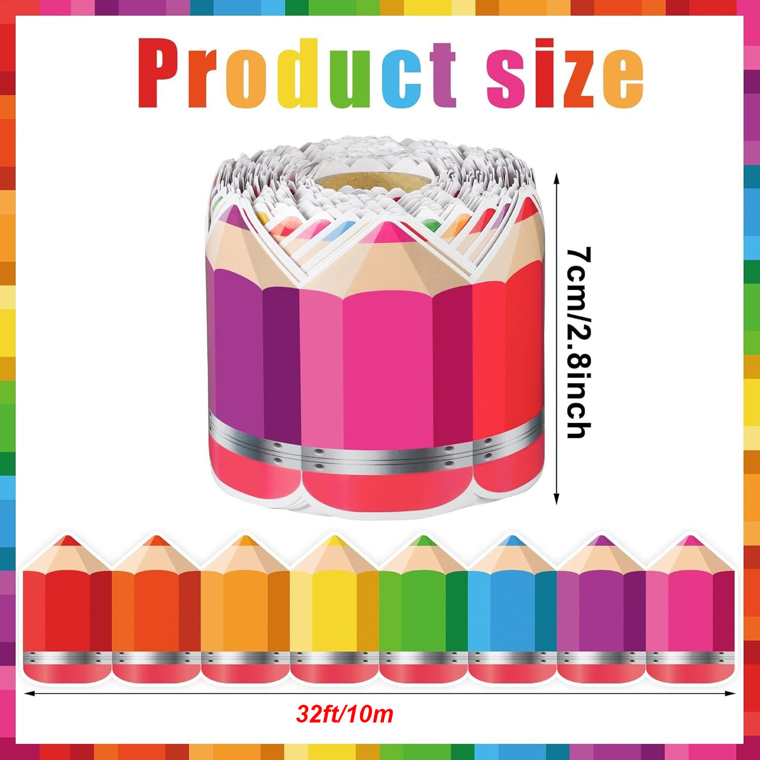 10M Colorful Pencil Bulletin Board Borders Cute Faces Pencils Border ...