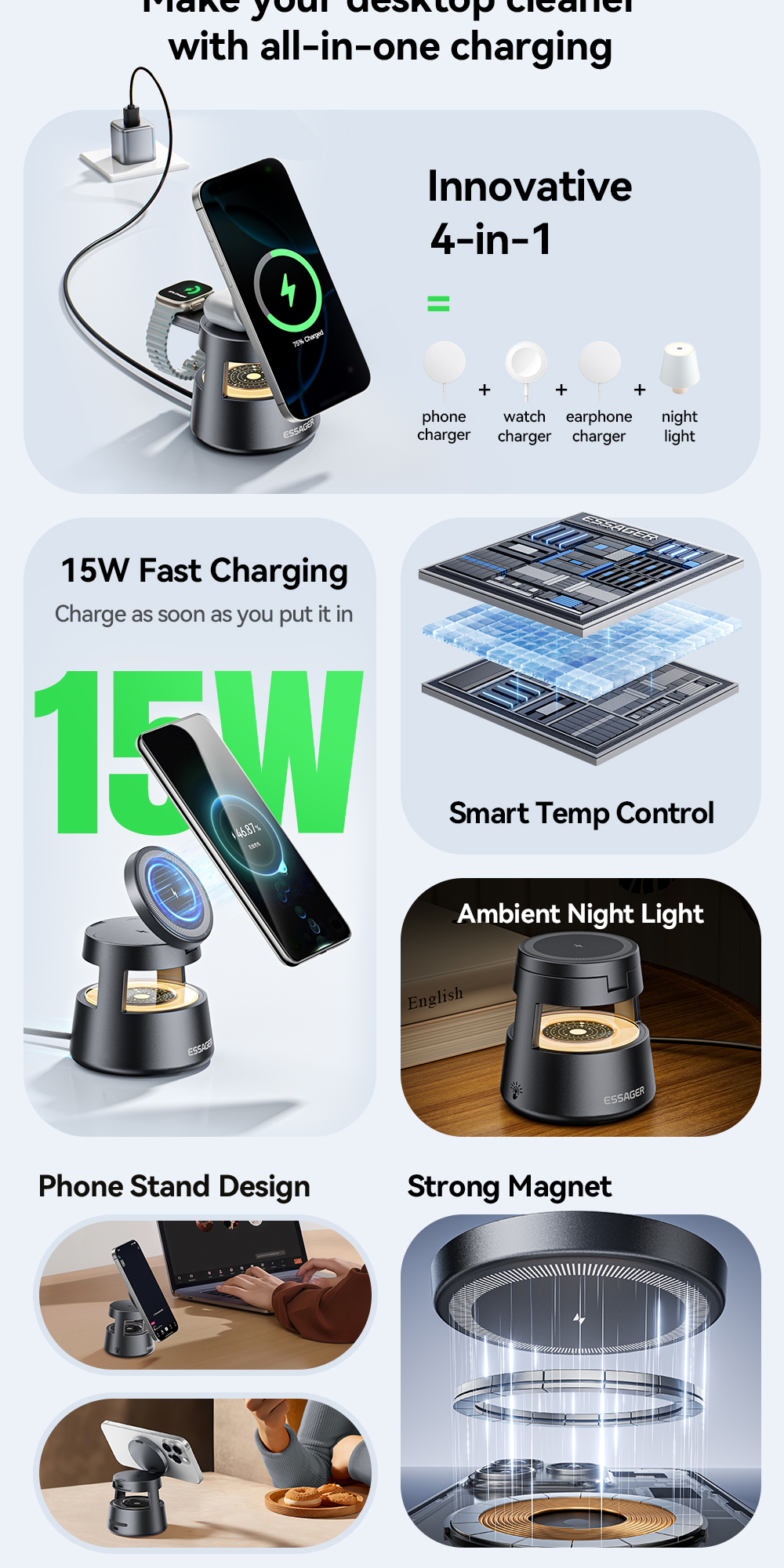 Essager Magnetic Wireless Charger Stand 15W Max 4-in-1 Mobile phone ...