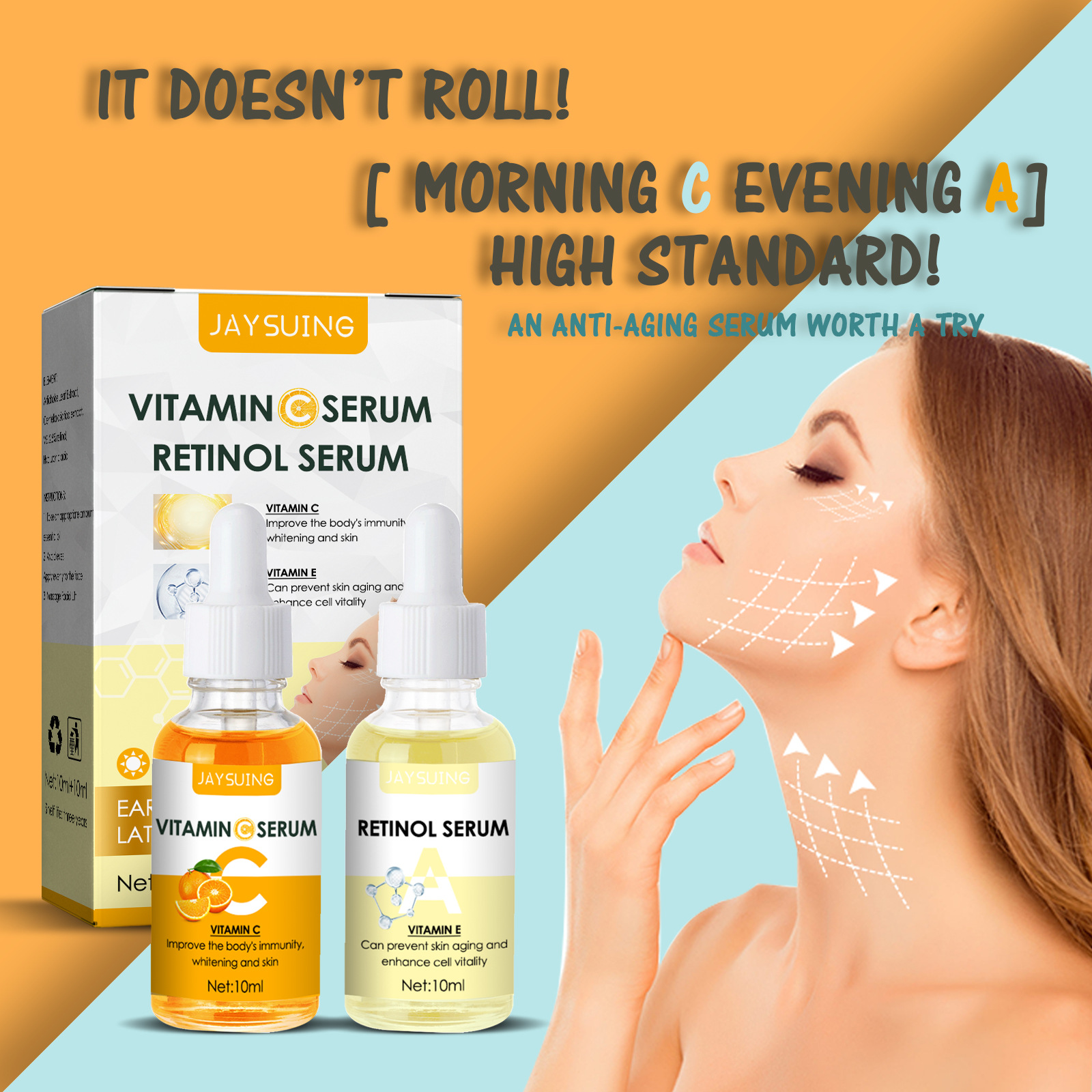 Jaysuing Vitamin C & Collagen + Retinol & Vitamin E Facial Serum Set -Day & Night- Dermatologist ...