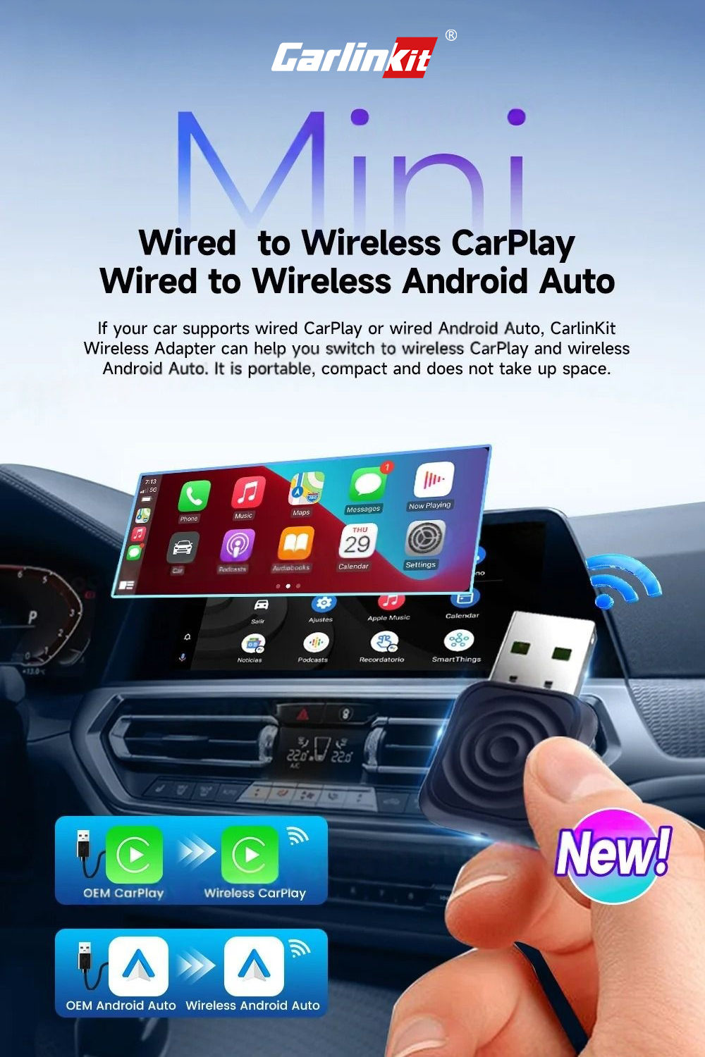 CarlinKit Mini Ultra Wired to Wireless Carplay Adapter Plug and Play ...