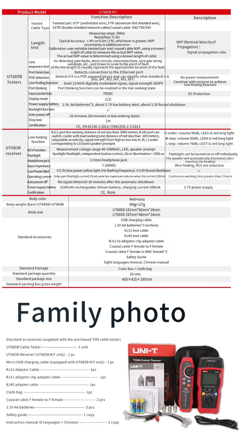 UNI-T UT685B Kit TDR Cable Tester Pair Coaxial POE Network Cable Length ...